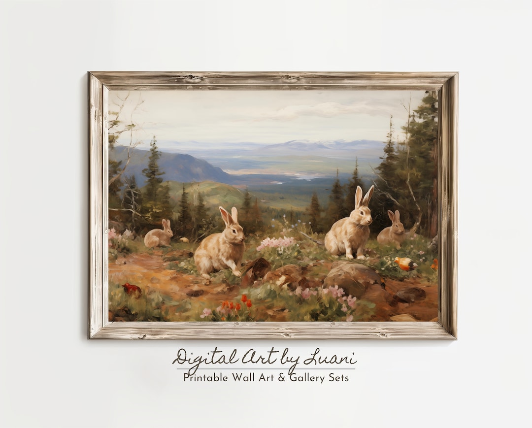 Easter Bunny Rabbits in Meadow Canvas Print Springtime Wildlife Art ...