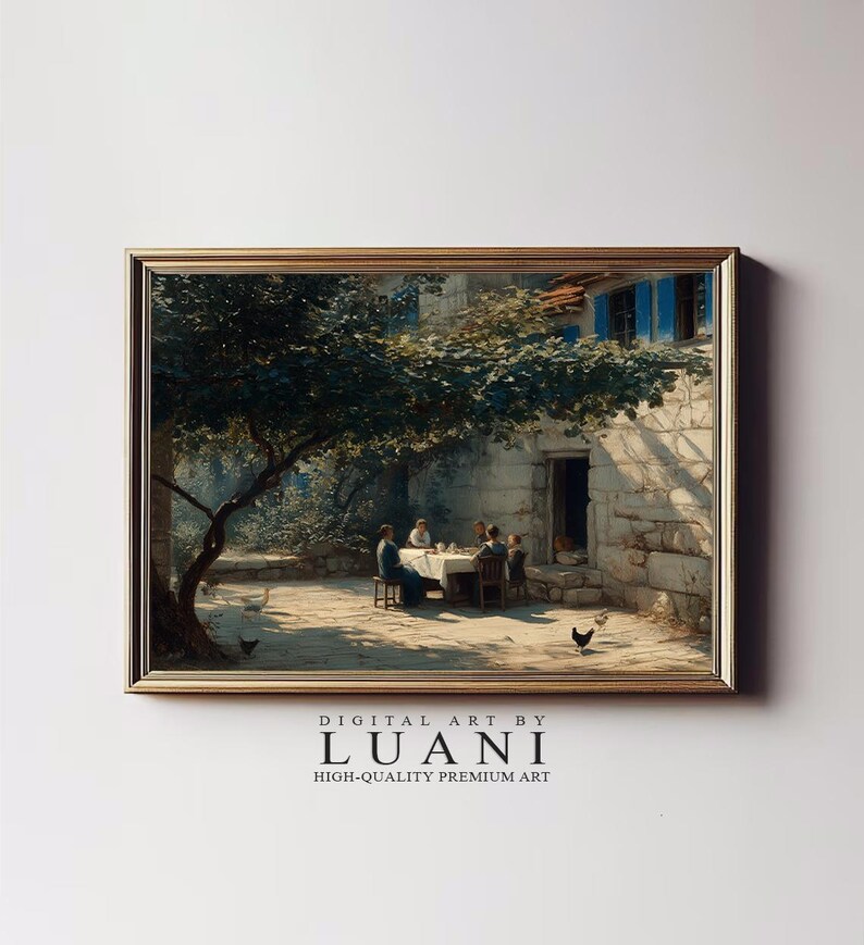 Vintage Courtyard Breakfast Painting: 1800s Style Farmhouse Print ...