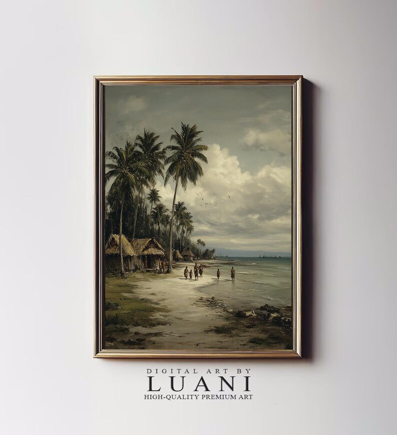 Vintage Polynesian Village Beach Print 1800s Style Tropical Island ...