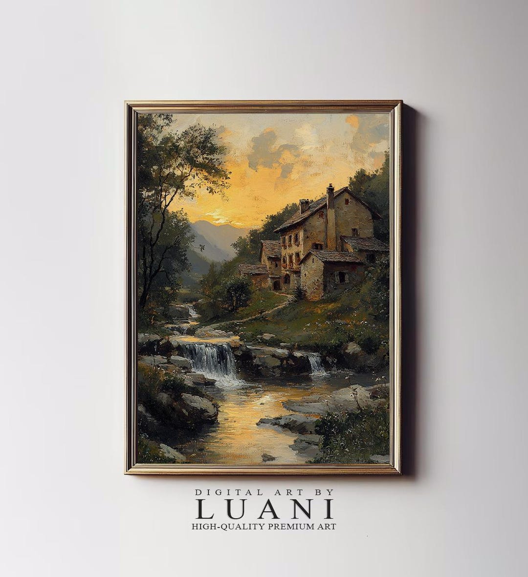 Stone Cottage Stream Landscape Art Print: Rustic Countryside (digital ...