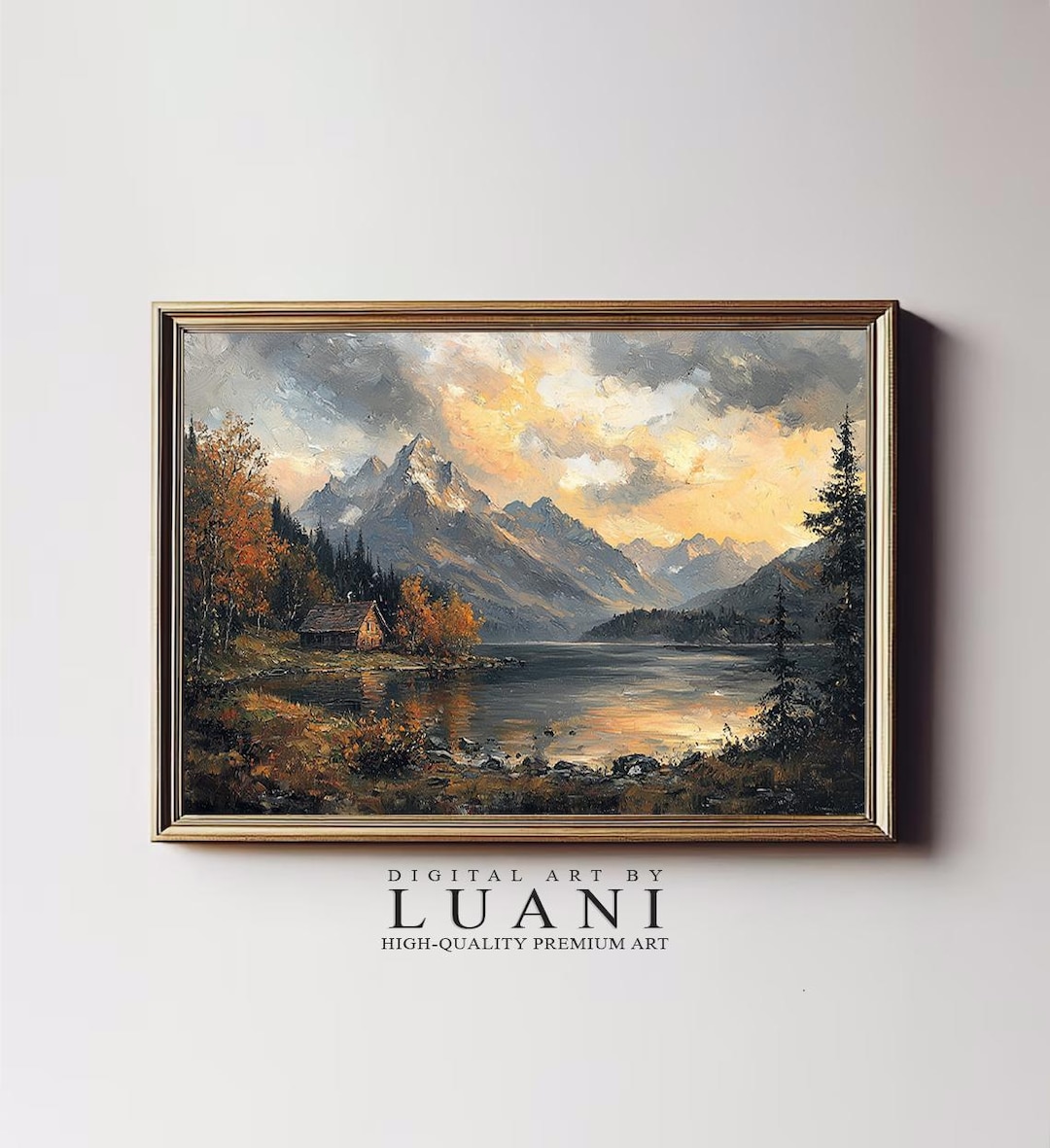 Mountain Lake Cabin Landscape Art Print Rustic Autumn Scenery ...