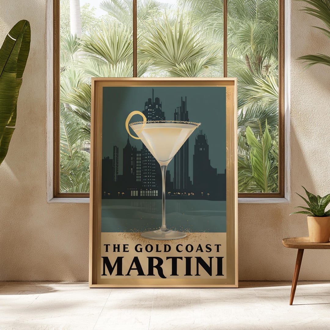 Vintage Gold Coast Martini Art Print | Chicago Skyline Cocktail Poster ...