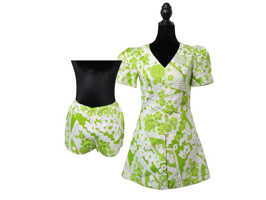 1970's GREEN WHITE DRESS With Matching Shorts, Green Floral Go-go Mini ...