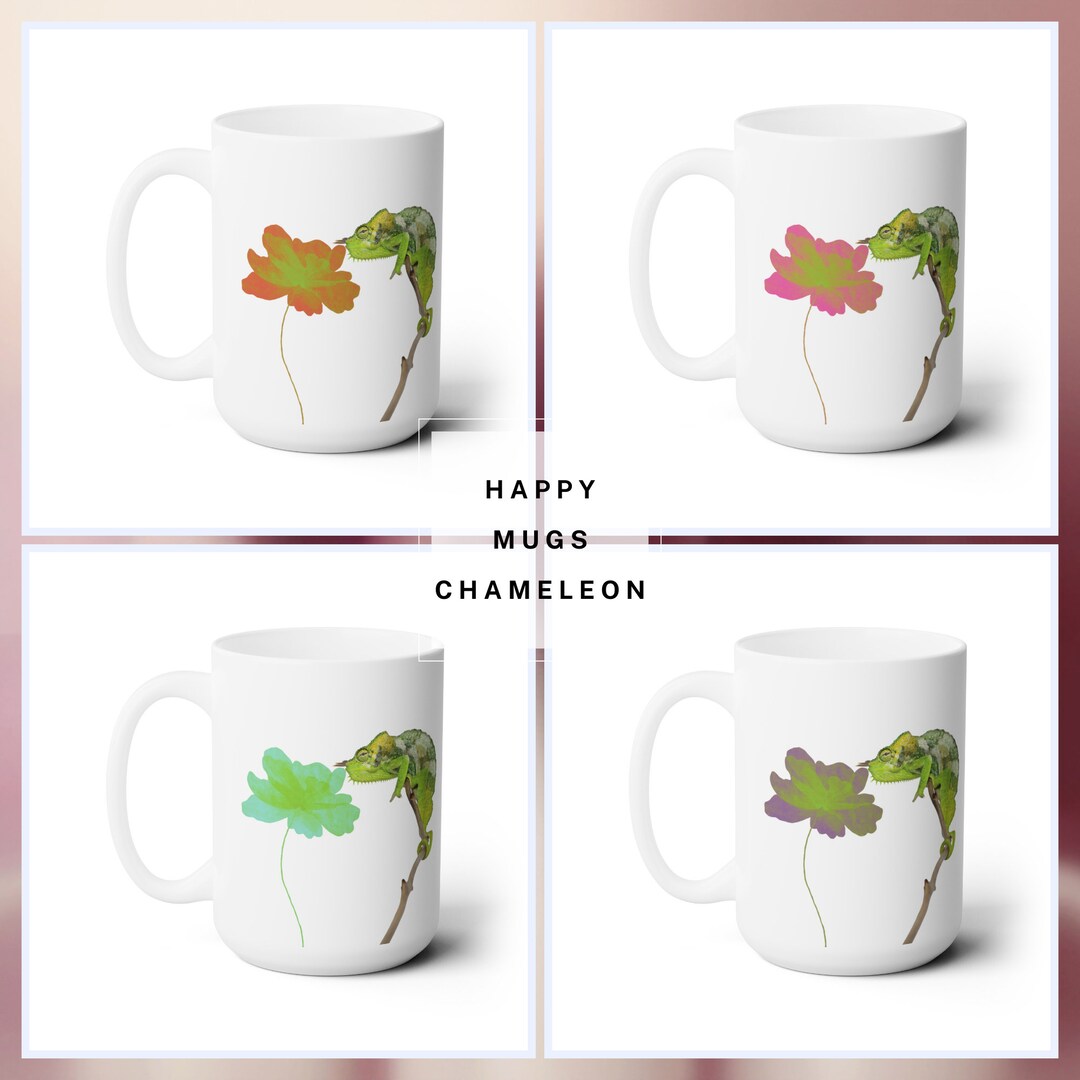 15 Oz. White Ceramic Mug With Chameleon Kissing Flower Motif - Etsy
