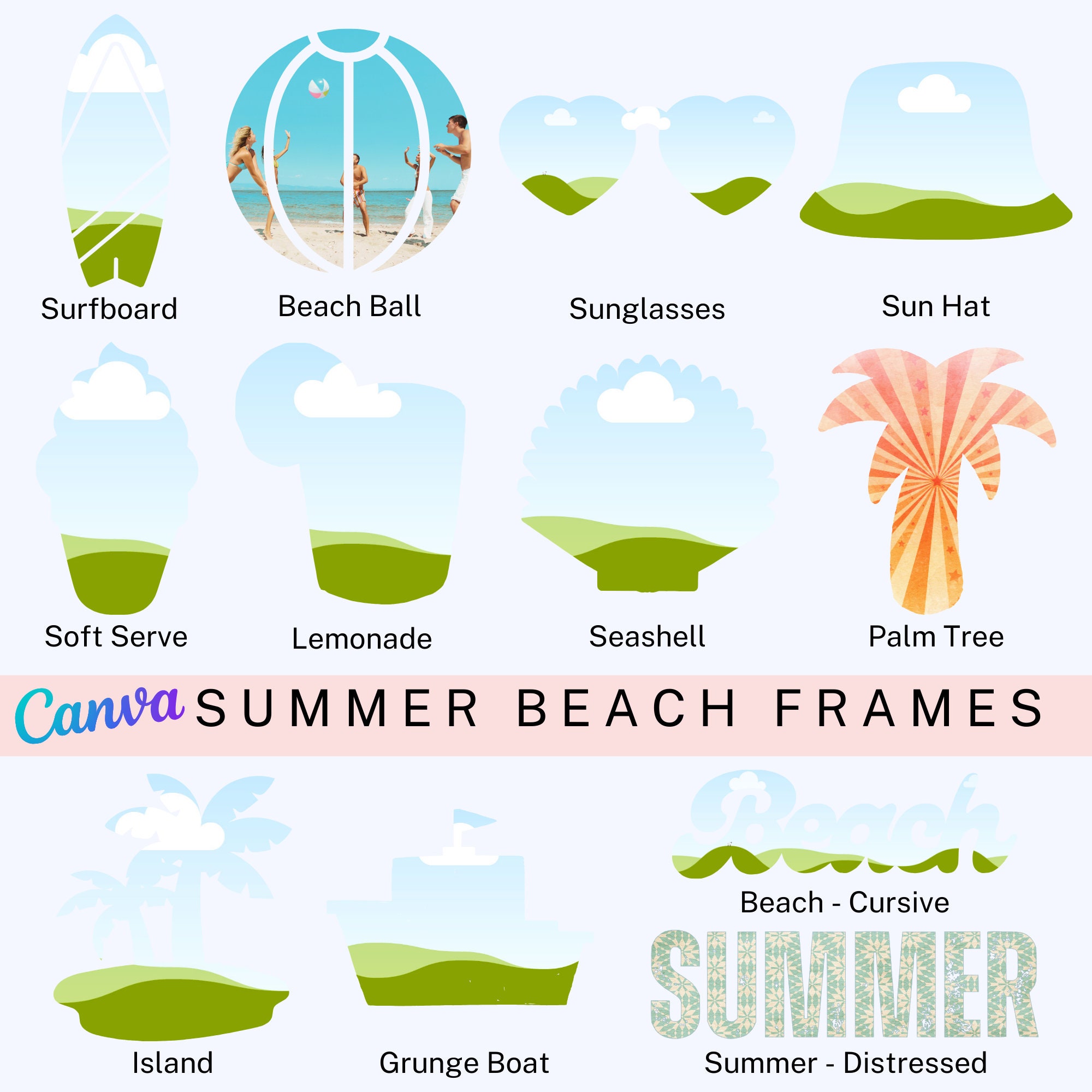 Canva Frame Template, Drag and Drop Summer Beach Shapes Bundle, Instant ...