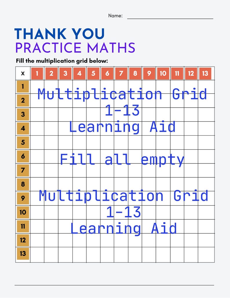Multiplication Chart for Times Tables 1 to 13, Fill-able & Printable ...