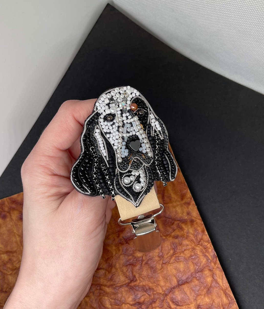 Custom Embroidered Beaded Crystal Dog Brooch English Setter Black and ...