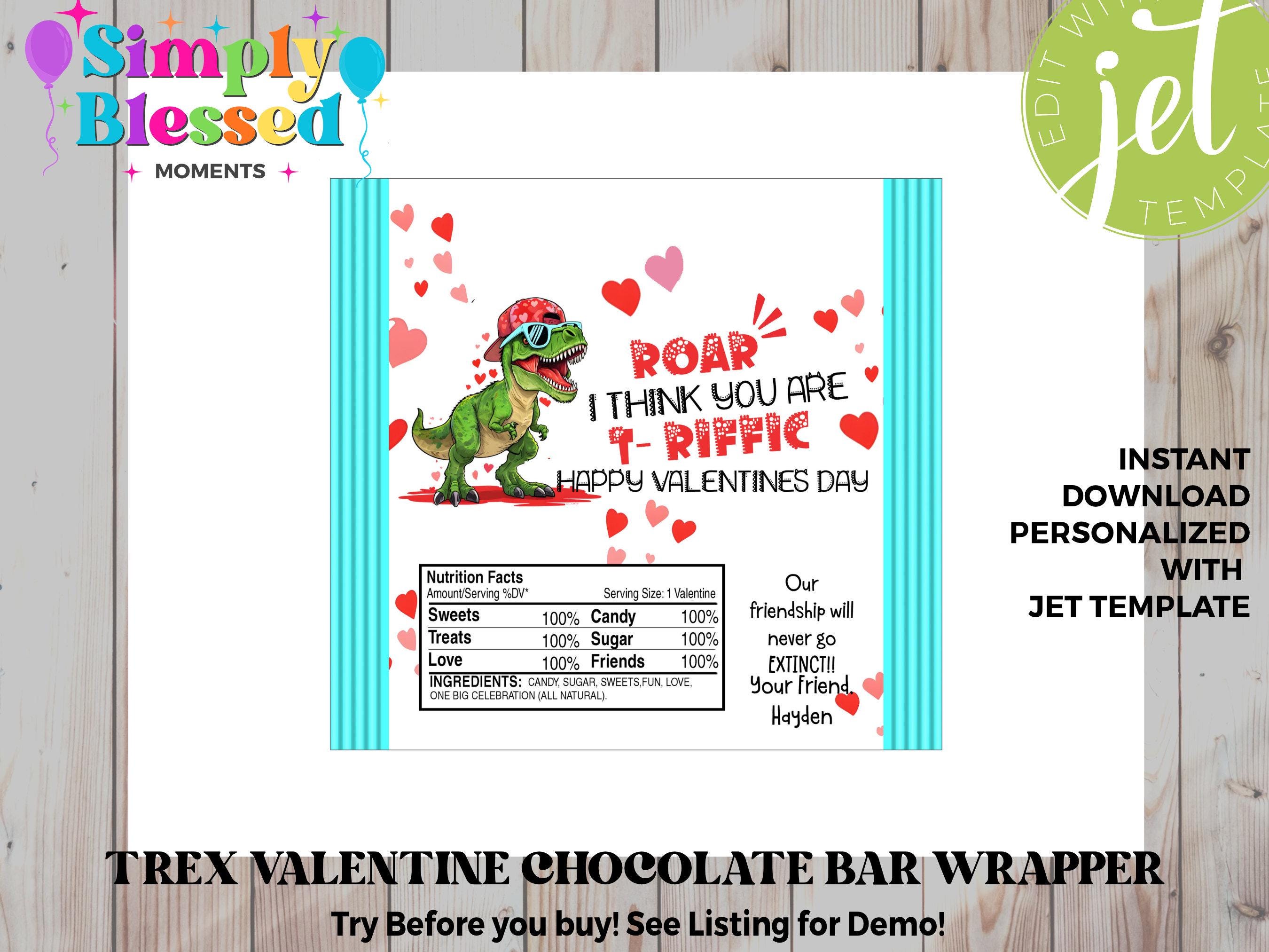T Rex Dinosaur Valentines Day Chocolate Bar Wrapper Printable Editable ...