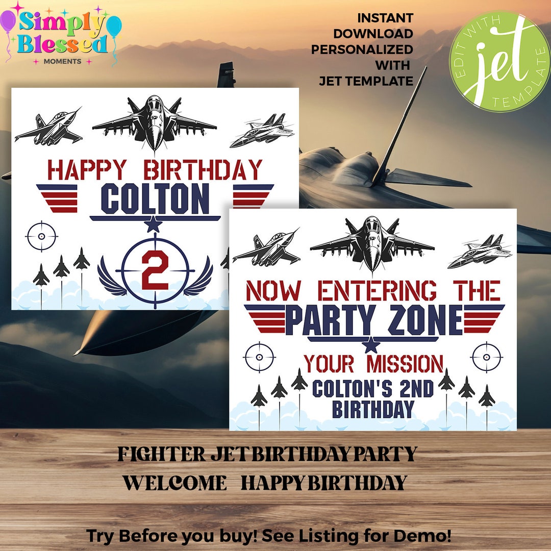 Fighter Jet Birthday Party Welcome and Happy Birthday Sign Set ...