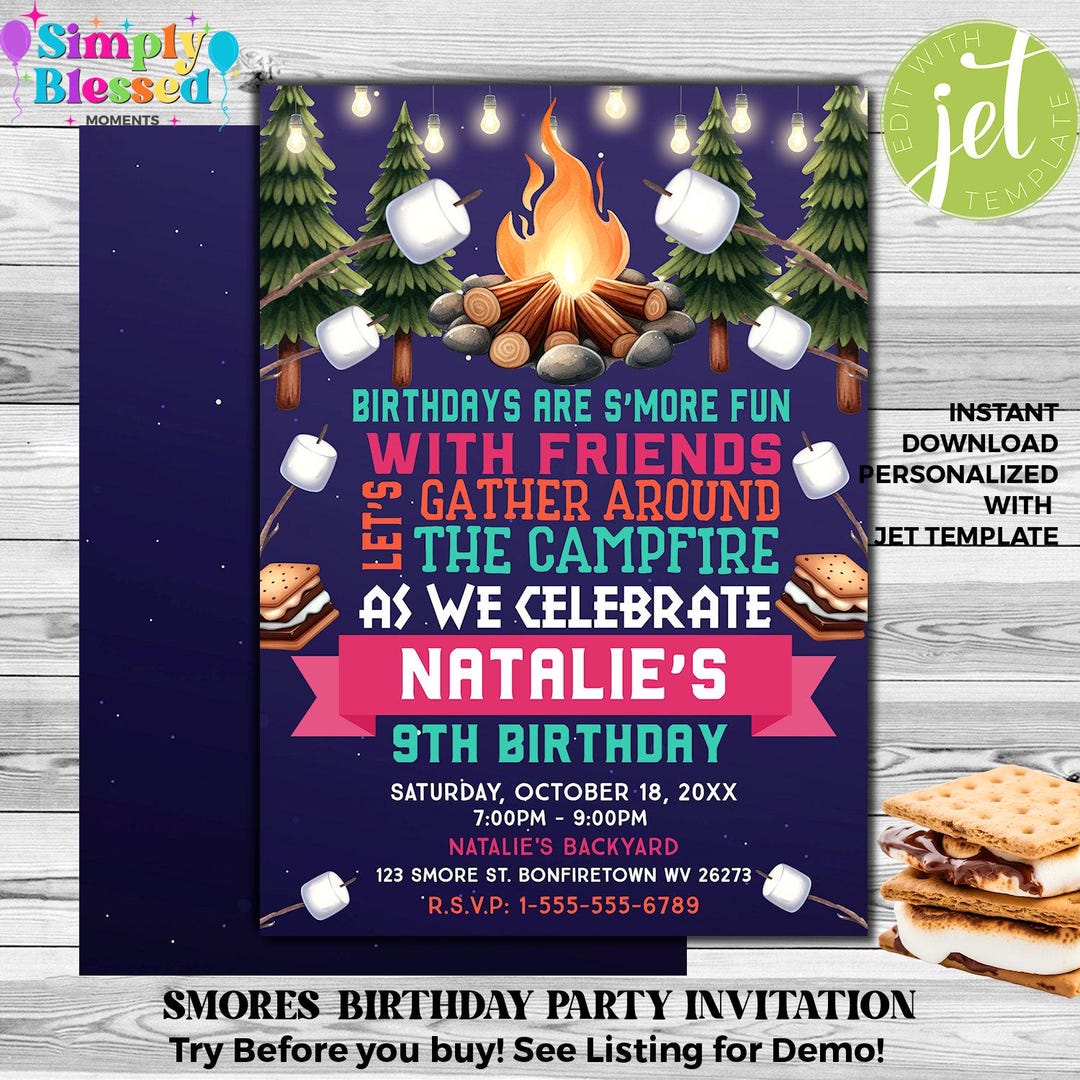 S'mores Campfire Birthday Invitation: Editable Bonfire Party (digital ...