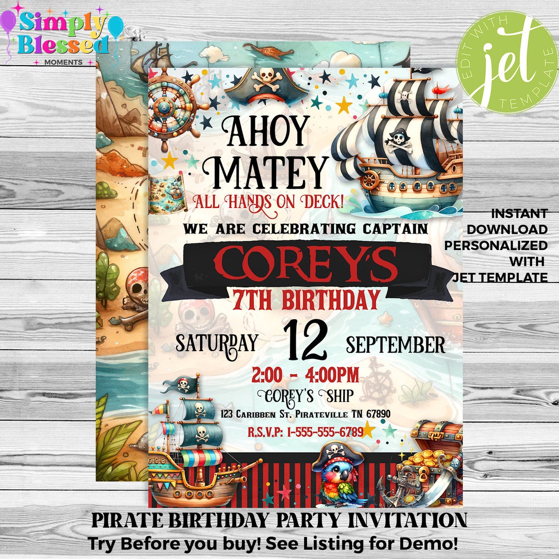 Ahoy Matey! Pirate Birthday Party Invitation Editable Printable Instant ...
