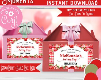 Strawberry Gable Box Label Template, Editable Berry First Birthday ...