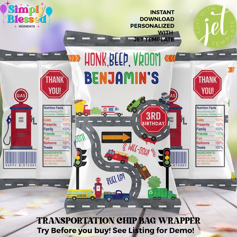 Transportation Birthday Party Printable Bundle, Chip Bag, Juice Pouch ...