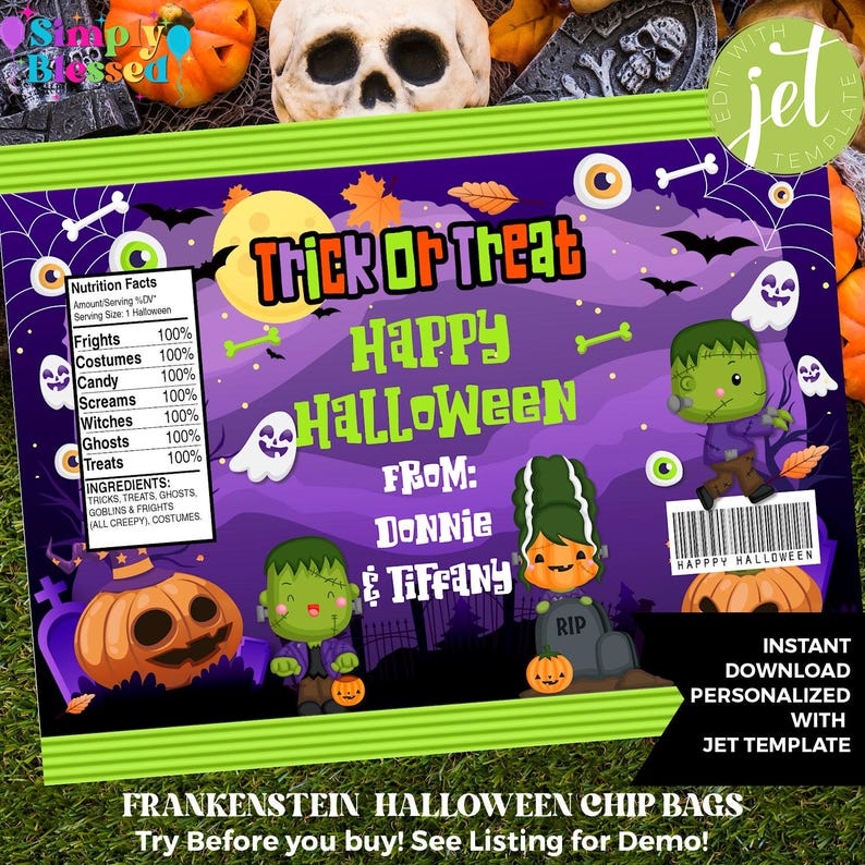 Frankenstein Trick or Treat Happy Halloween Chip Bag Wrapper ...