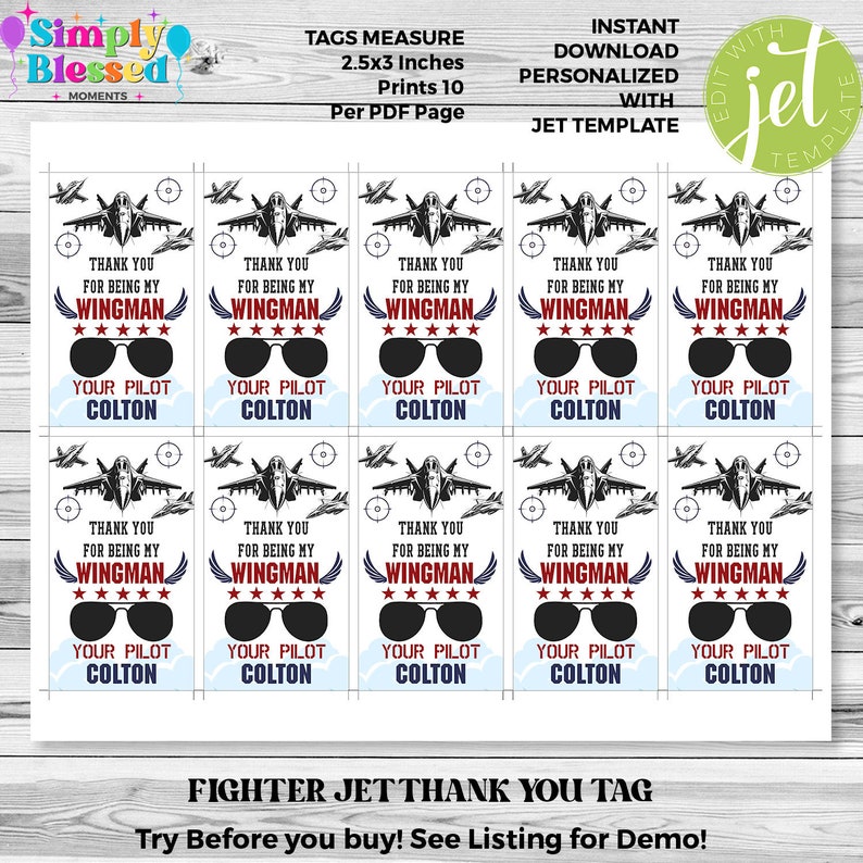 Fighter Jet Birthday Party Thank You Tag Printable Editable Instant ...