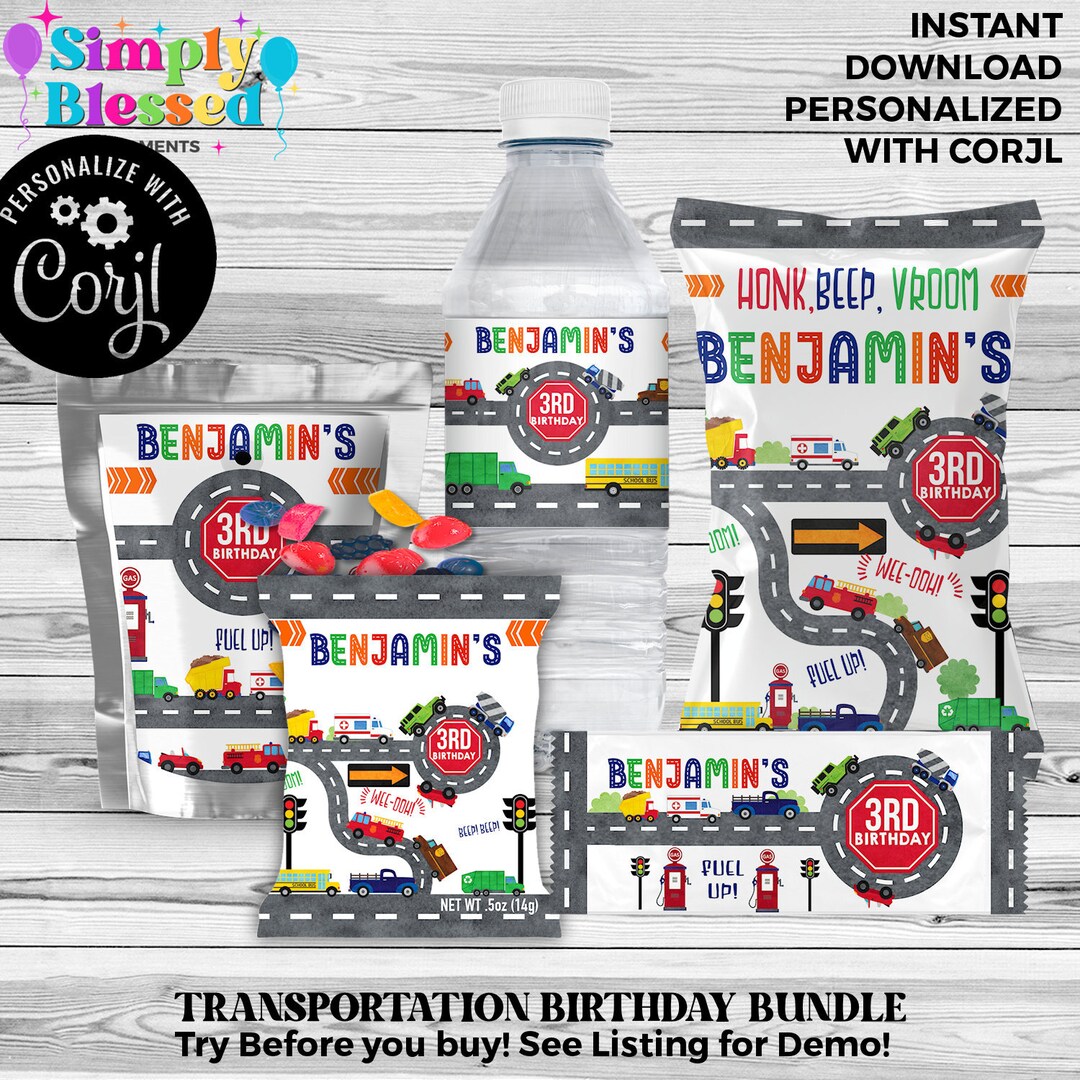 Transportation Birthday Party Printable Bundle, Chip Bag, Juice Pouch ...