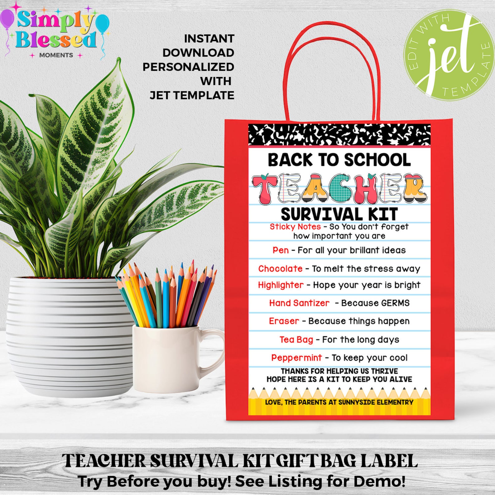 Teacher Survival Kit Gift Bag Label: Printable Back to School (digital ...