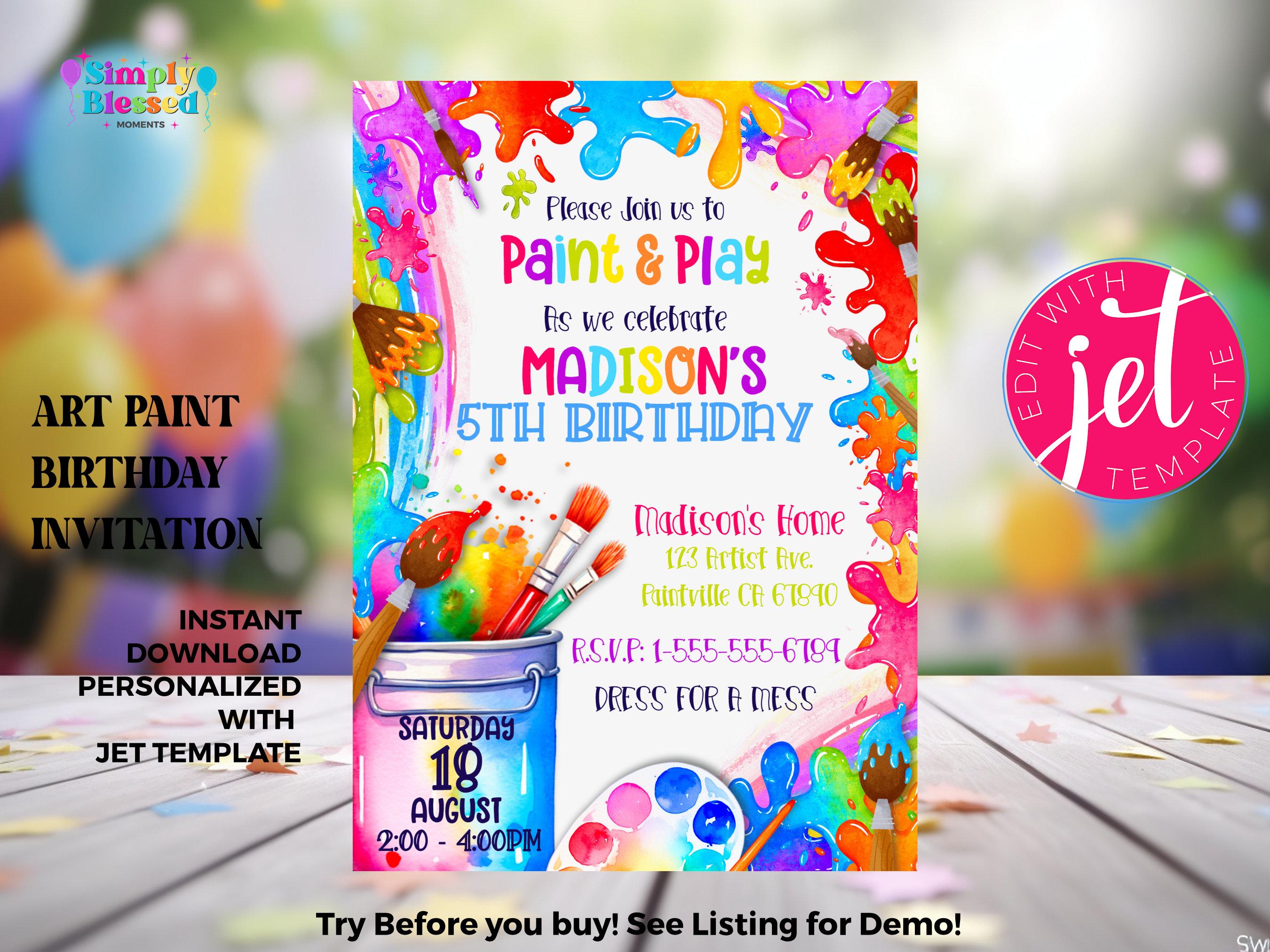 Art Paint Splash Birthday Party Invitation Printable Editable Instant ...