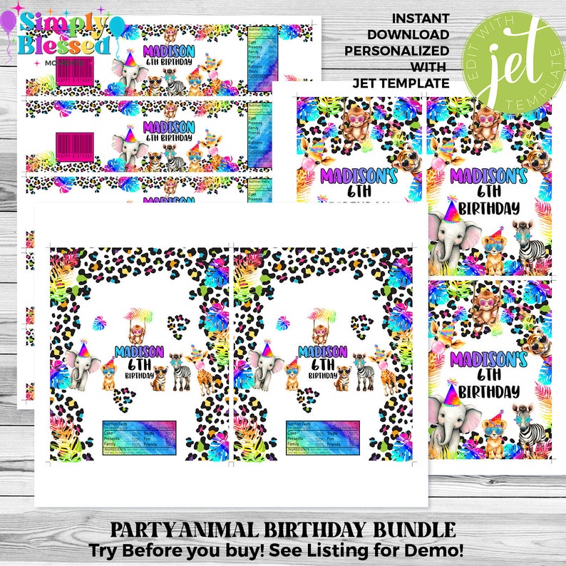 Zoo Party Animals Birthday Bundle Printable Editable Chip Bag Wrapper ...