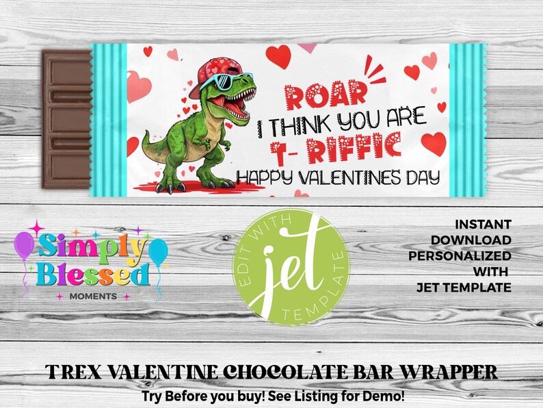 T Rex Dinosaur Valentines Day Chocolate Bar Wrapper Printable Editable ...