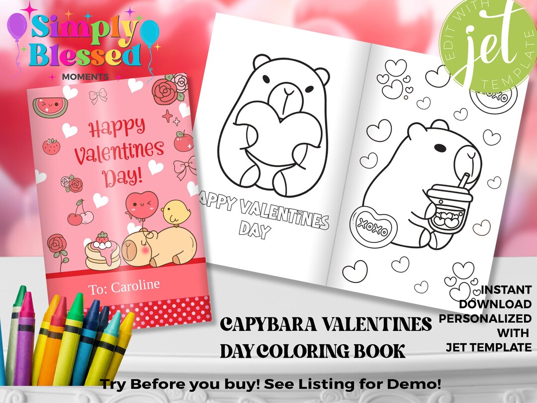 Capybara Valentines Day Coloring Book Classroom Kids Valentines ...
