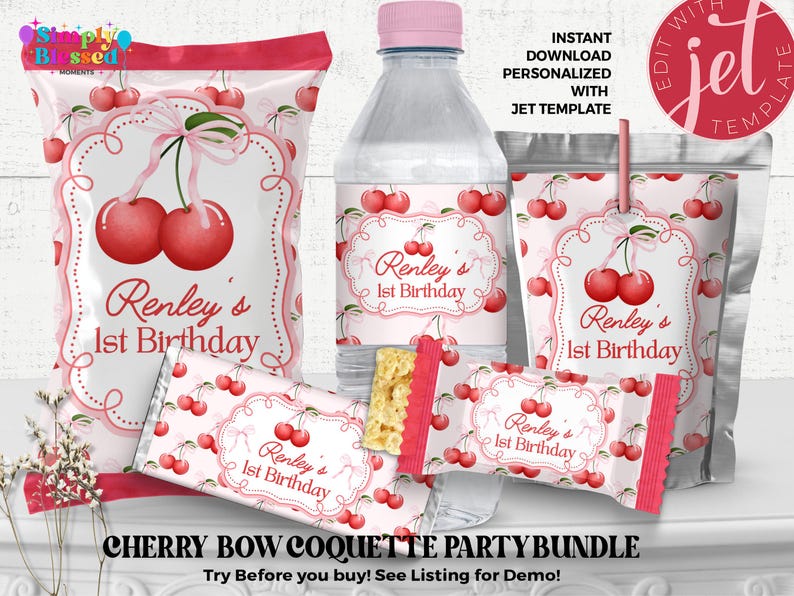Cherry Bow Birthday Party Bundle: Printable Wrappers (digital Download ...