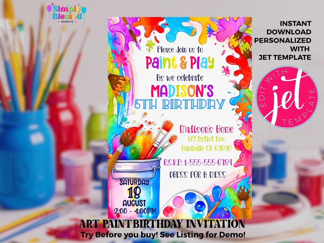 Art Paint Splash Birthday Party Invitation Printable Editable Instant ...