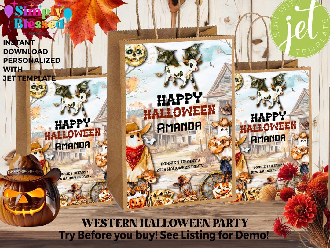 Western Halloween Party Boos and Booze 5x8 Gift Bag Labels Editable and ...