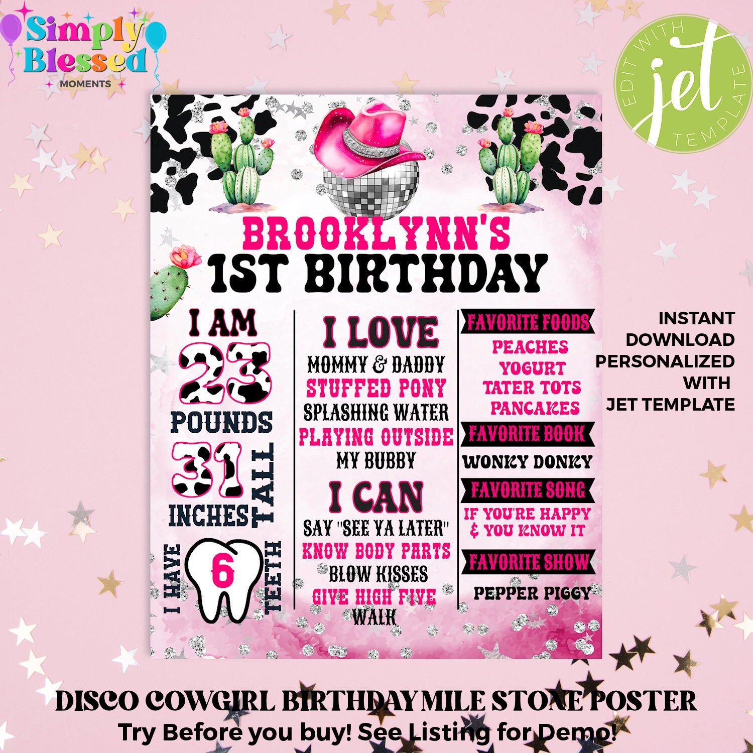 Disco Space Cowgirl Birthday Stats Milestone Poster Editable Instant ...