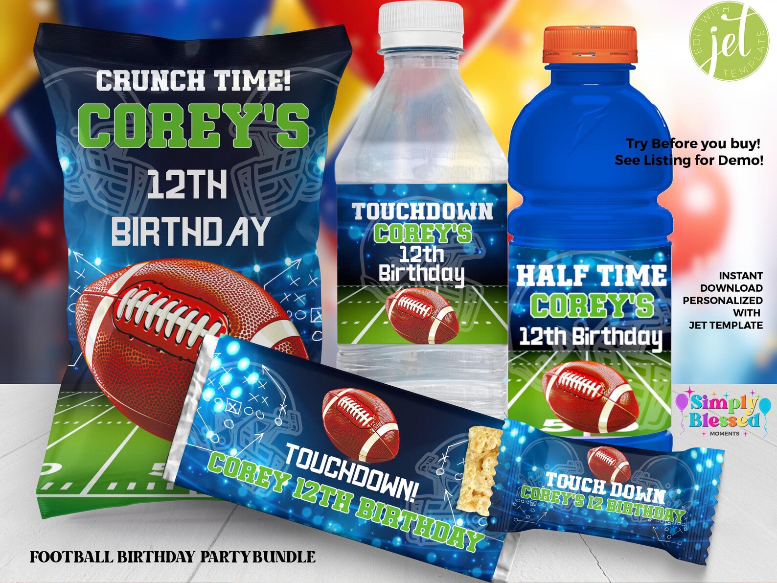 Football Birthday Party Bundle: Chip Bag, Drink & Candy Wrappers ...
