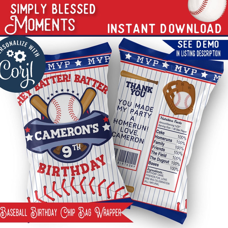 Baseball Birthday Party Chip Bag Wrappers Printable Editable Instant ...