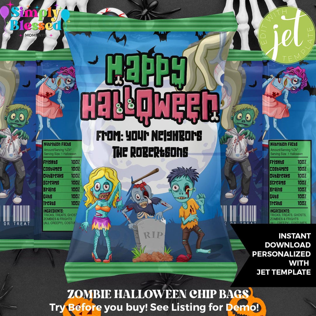 Happy Halloween Zombie Chip Bags Personalized Editable Instant Download ...