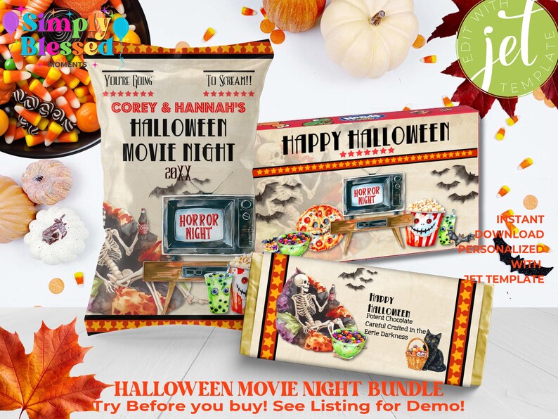 Halloween Horror Movie Night Printable Editable Bundle Chip Bag Theater ...