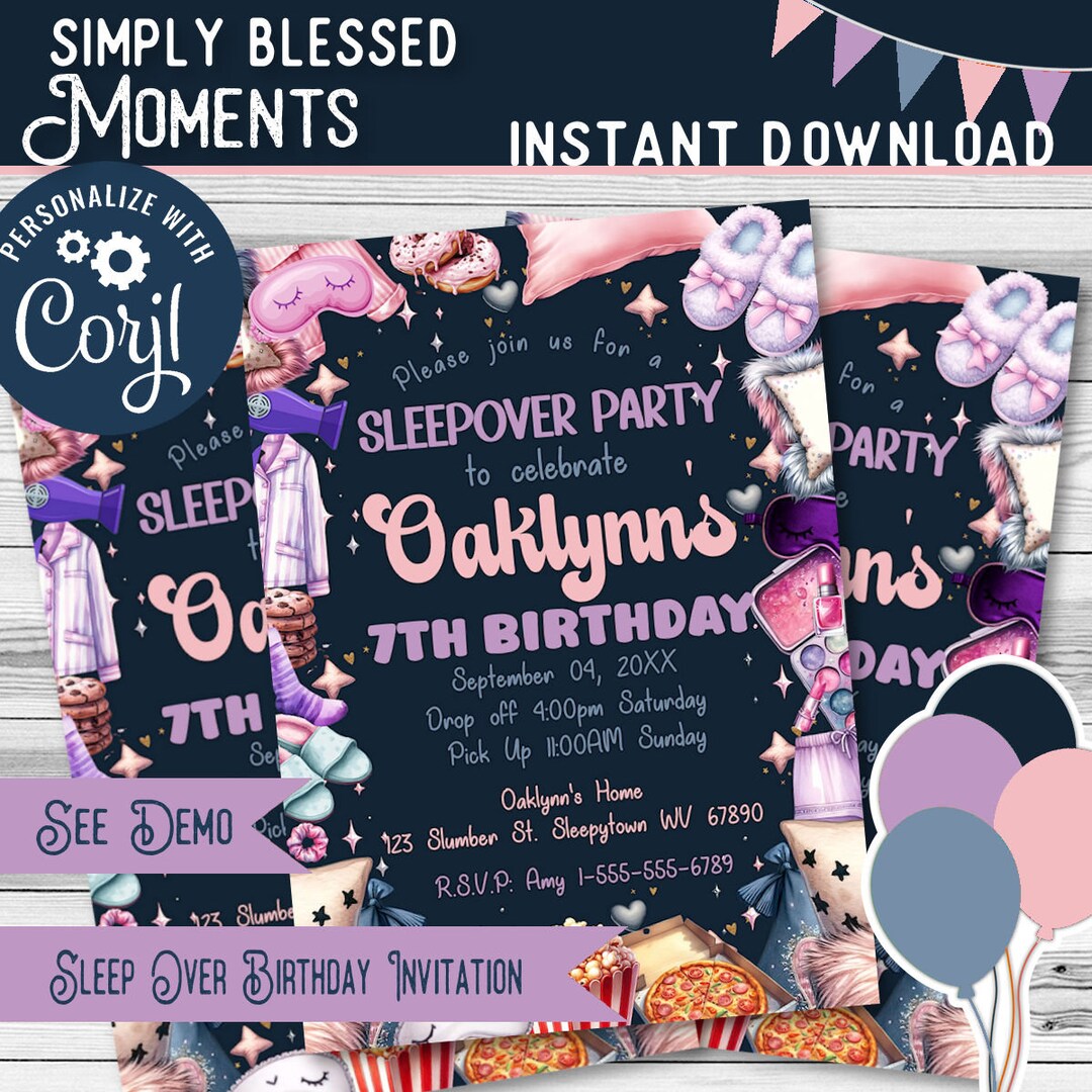 Sleep Over Birthday Party Invitation Slumber Party Editable Printable ...