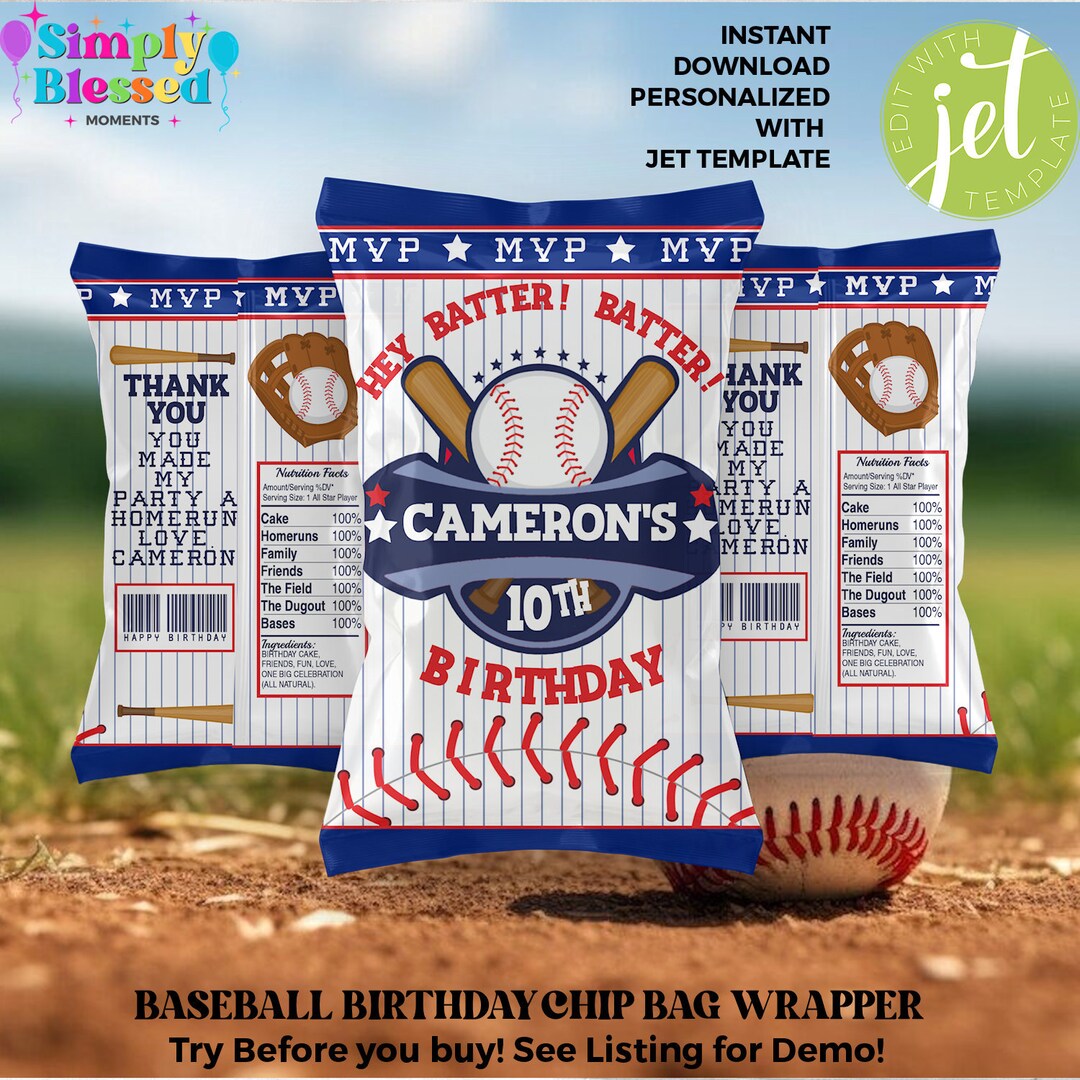 Baseball Birthday Party Chip Bag Wrappers Printable Editable Instant ...