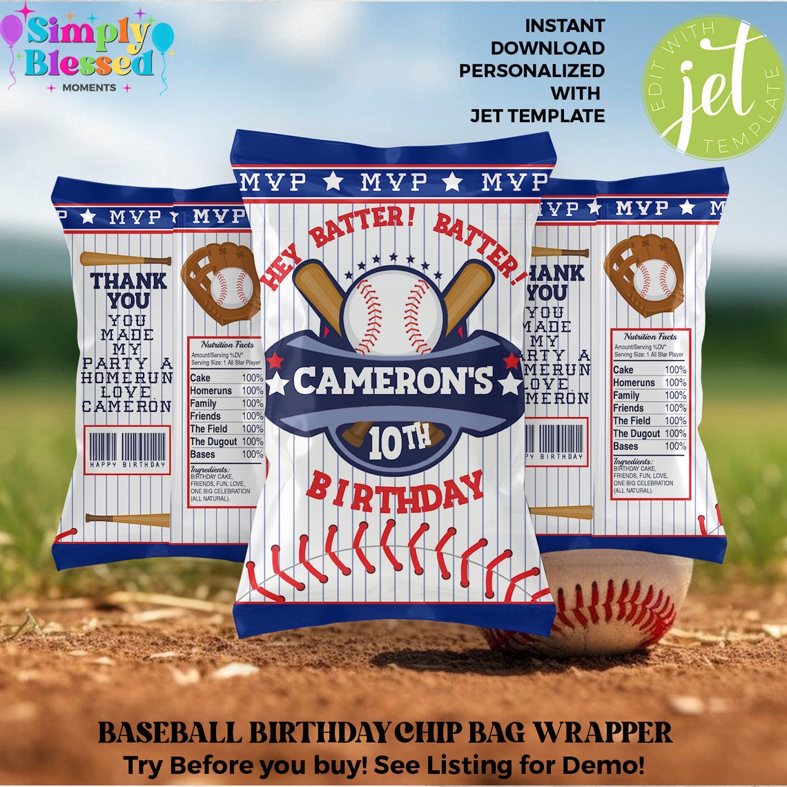 Baseball Birthday Party Chip Bag Wrappers Printable Editable Instant ...