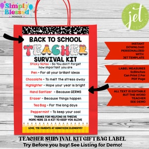 Teacher Survival Kit Gift Bag Label: Printable Back to School (digital ...