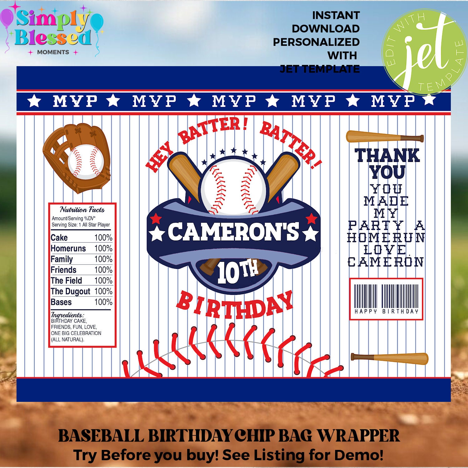Baseball Birthday Party Chip Bag Wrappers Printable Editable Instant ...