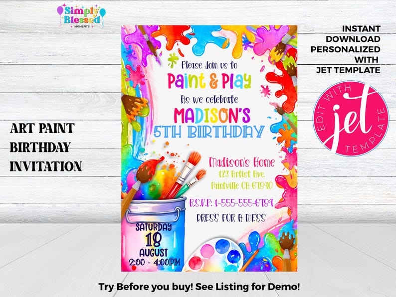 Art Paint Splash Birthday Party Invitation Printable Editable Instant ...