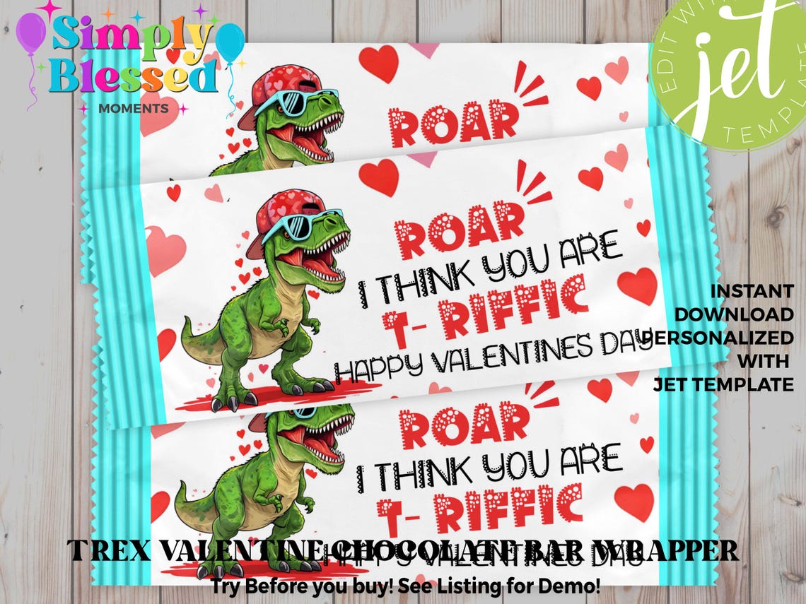 T Rex Dinosaur Valentines Day Chocolate Bar Wrapper Printable Editable ...