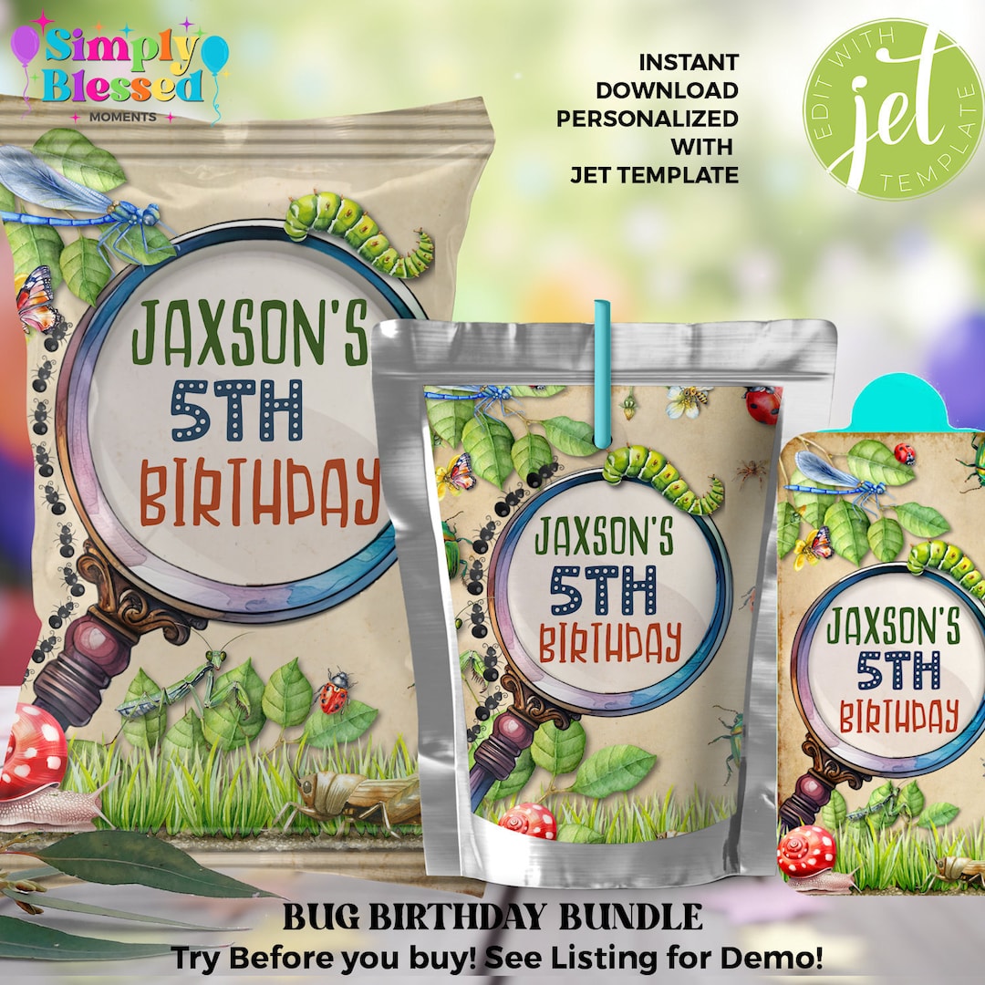 Bug Insect Birthday Party 3 Piece Bundle Printable Editable Chip Bag ...