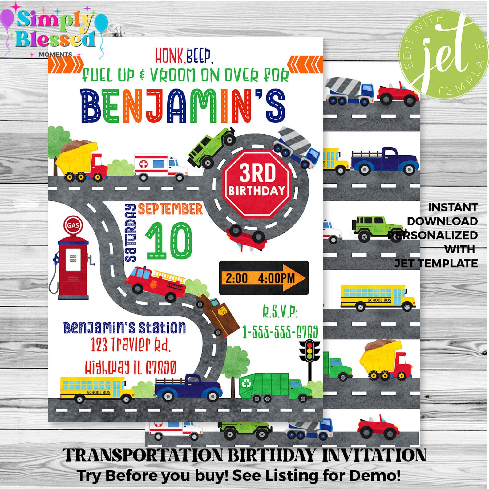 Transportation Boys Birthday Party Invitation Editable Printable ...
