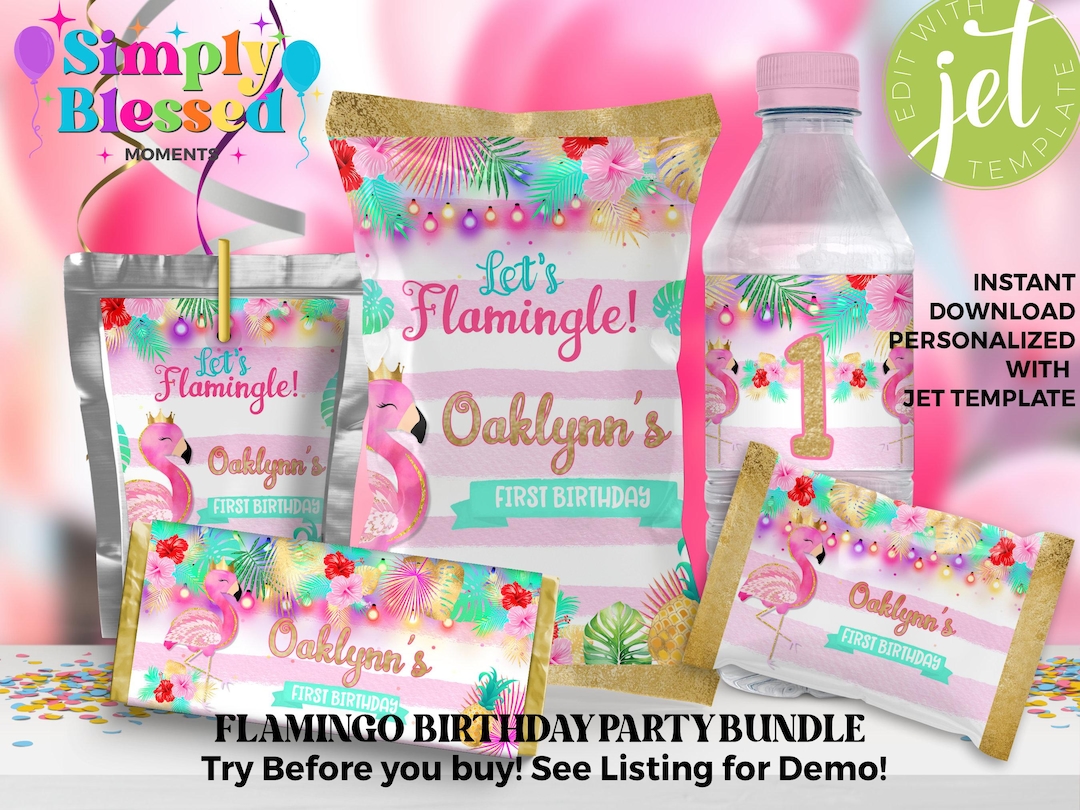 Flamingo Birthday Party Bundle: Printable Chip Bag, Water Bottle Labels ...