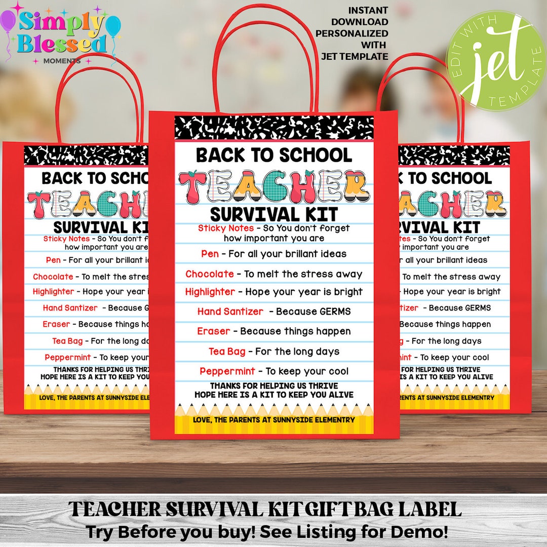 Teacher Survival Kit Gift Bag Label: Printable Back to School (digital ...
