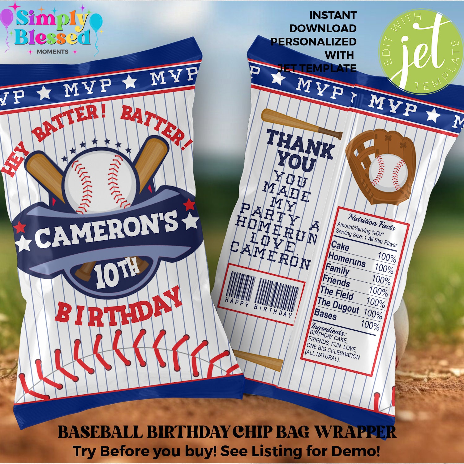 Baseball Birthday Party Chip Bag Wrappers Printable Editable Instant ...