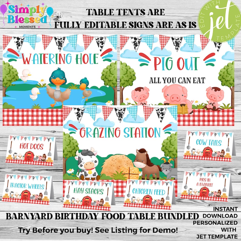 Barnyard Farm Birthday Food Table Set Editable Food Tents and Bonus ...