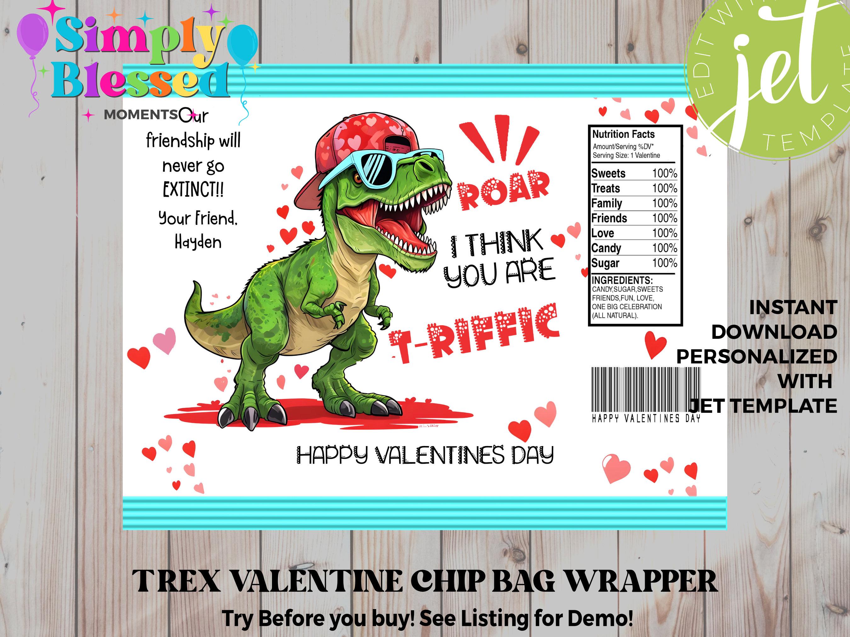 T Rex Dinosaur Valentines Day Chip Bag Wrapper Printable Editable ...