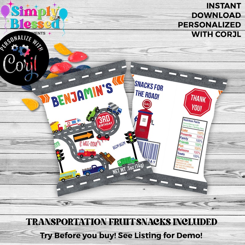 Transportation Birthday Party Printable Bundle, Chip Bag, Juice Pouch ...