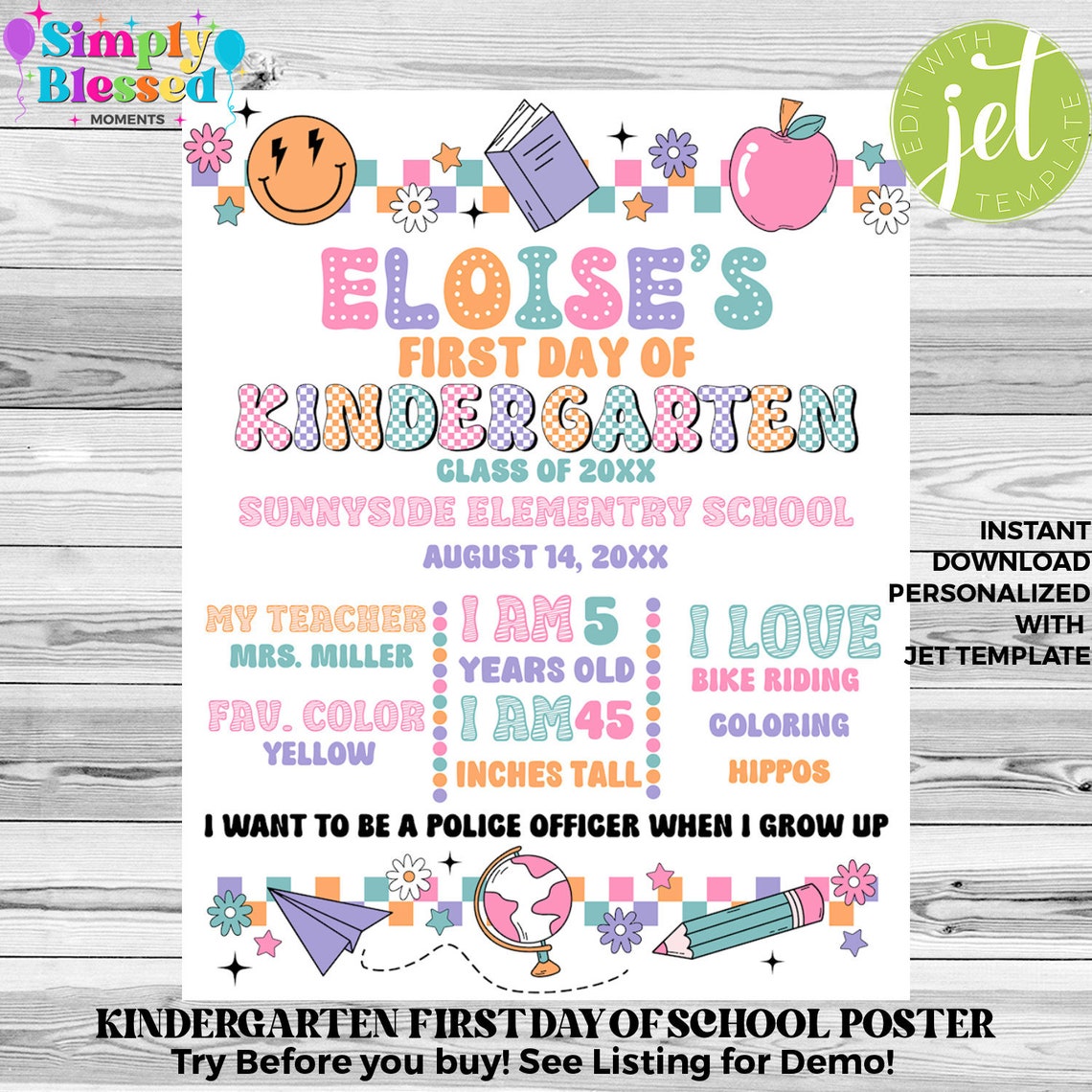 Girls Kindergarten Groovy Modern Back to School Poster Sign Printable ...