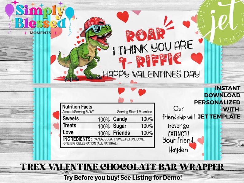 T Rex Dinosaur Valentines Day Chocolate Bar Wrapper Printable Editable ...